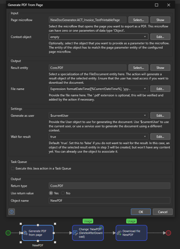 Microflow that triggers the PDF generation using the new generator.
